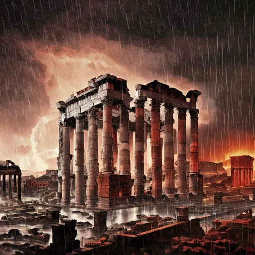 ancient Rome in destruction city fire and rain thund...