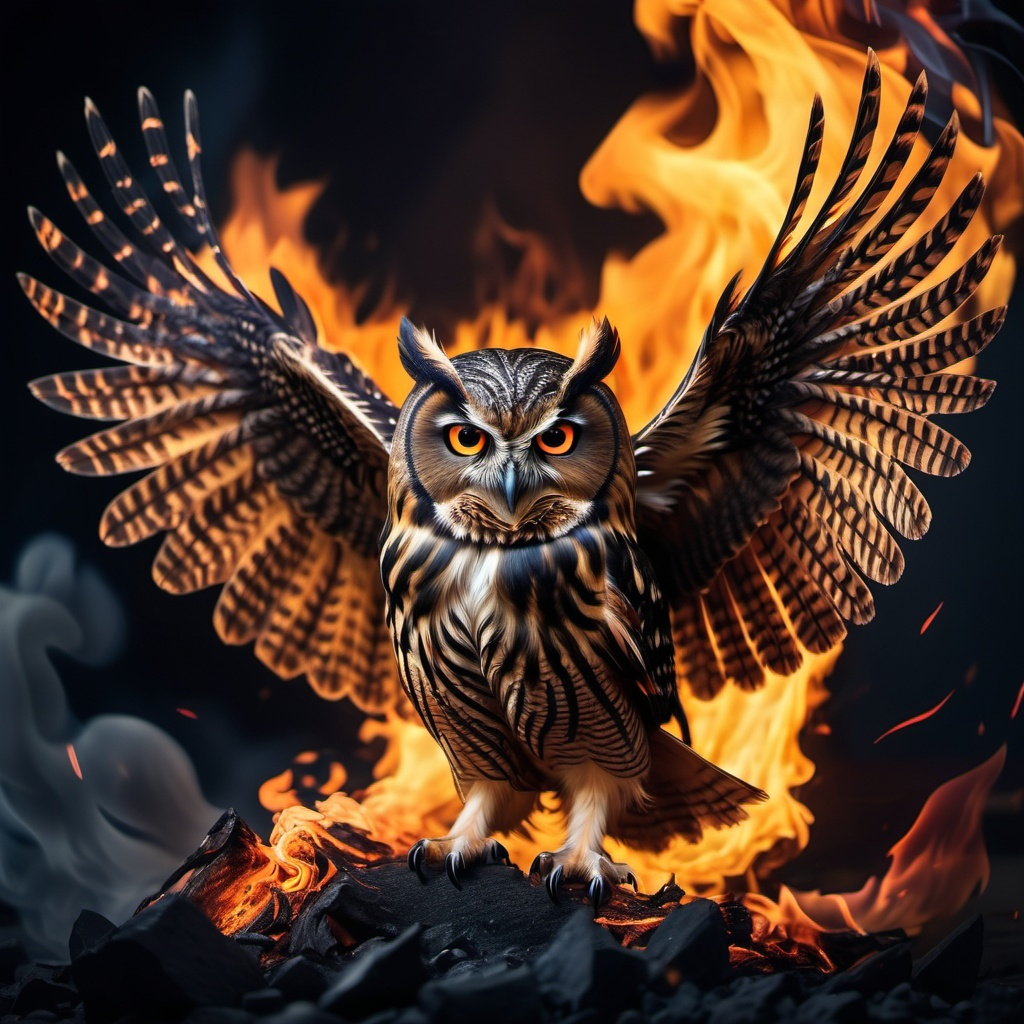 Darkness Owl in chaos with fire in background wings