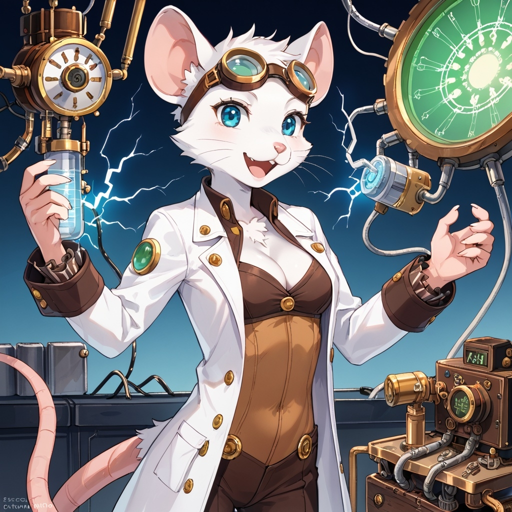 A steampunk electrical science lab scene Foreground:...