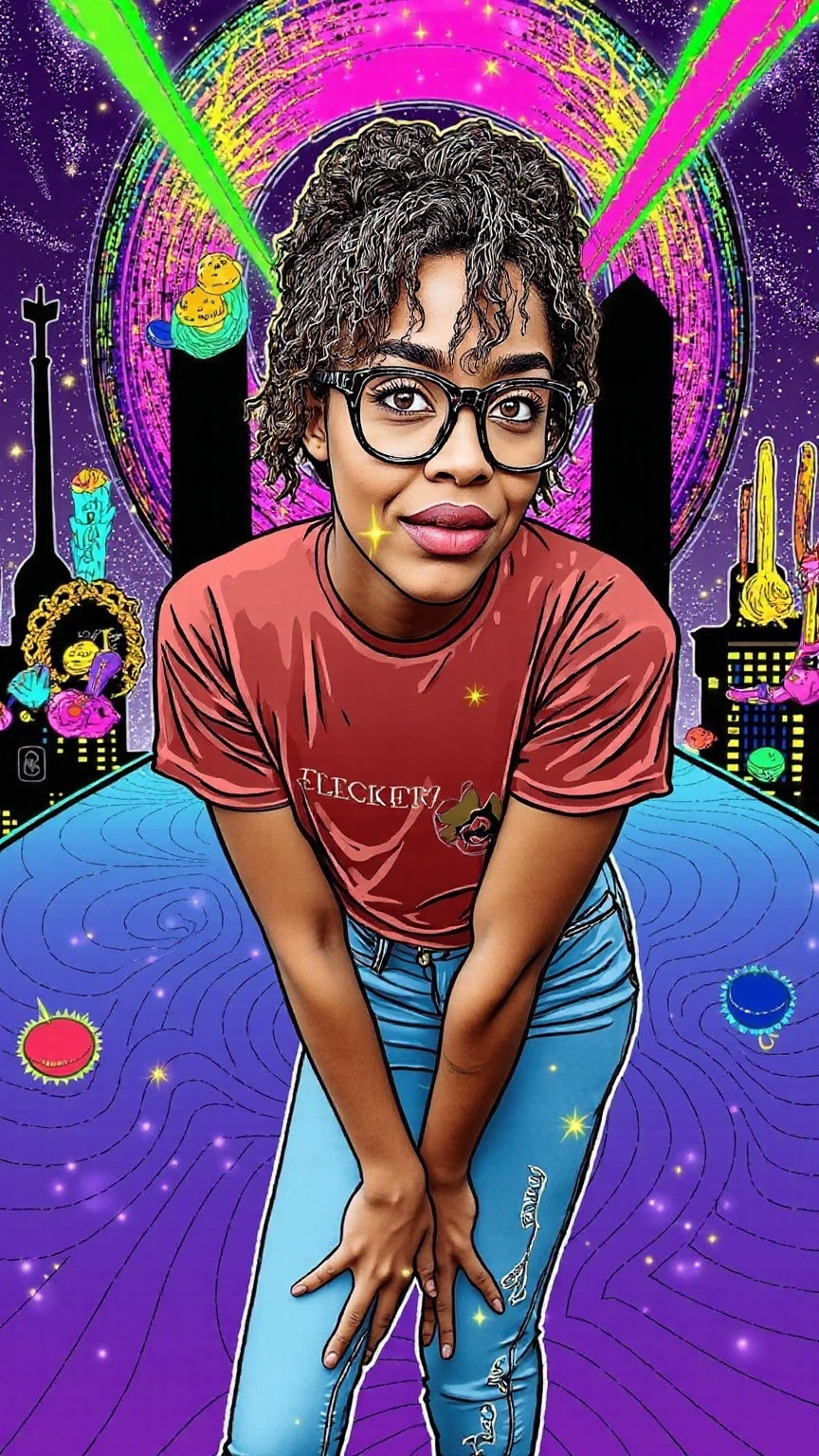 a funky cosmic chick striking a pose like she’s the...