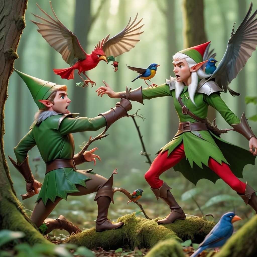 Elf fighting an evil elf in the forest with birds in...