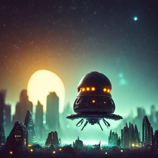 tiny wooden space ship and aliens invasion of city a... | OpenArt