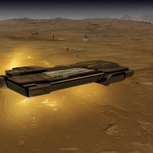 A large rectangular cyberpunk spaceship is flying ov...