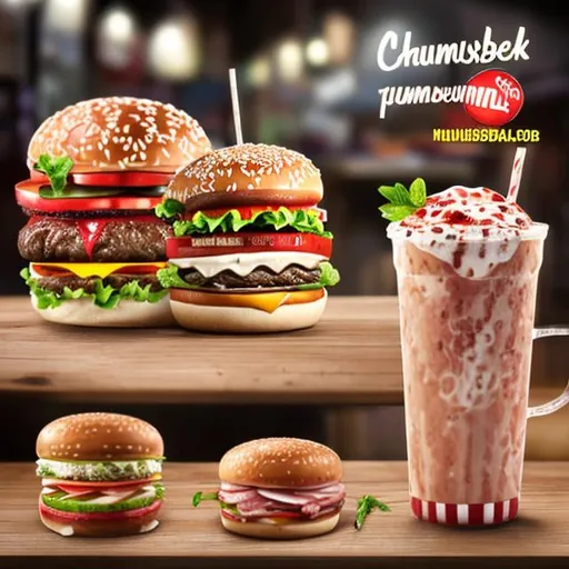 close-up Ads photo for hamburger and milkshake, on w...