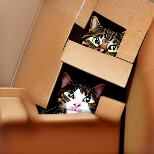 A cat trapped in a cardboard box, in digital art.