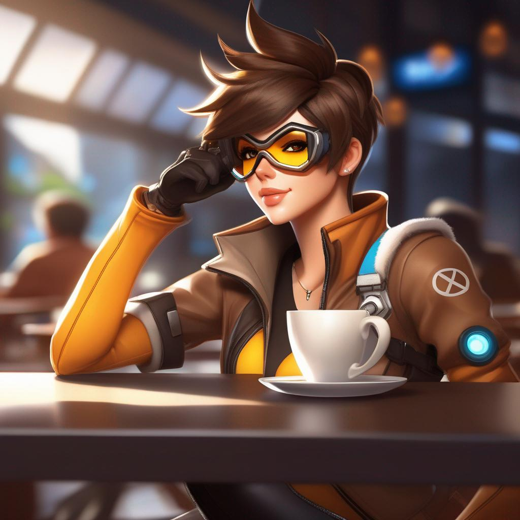 Tracer from Overwatch, drinking coffee bending over... | OpenArt