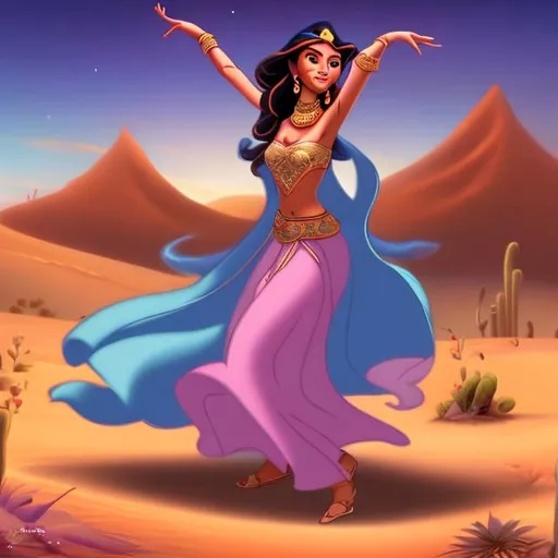 Princess Jasmine dancing in the middle of a desert