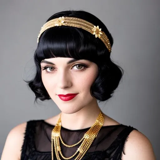 1920s flapper with very long black curly hair and a... | OpenArt