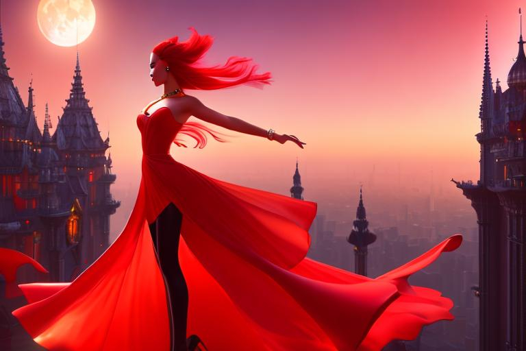 stunning red dancer, head-on, high fashionista pose,...