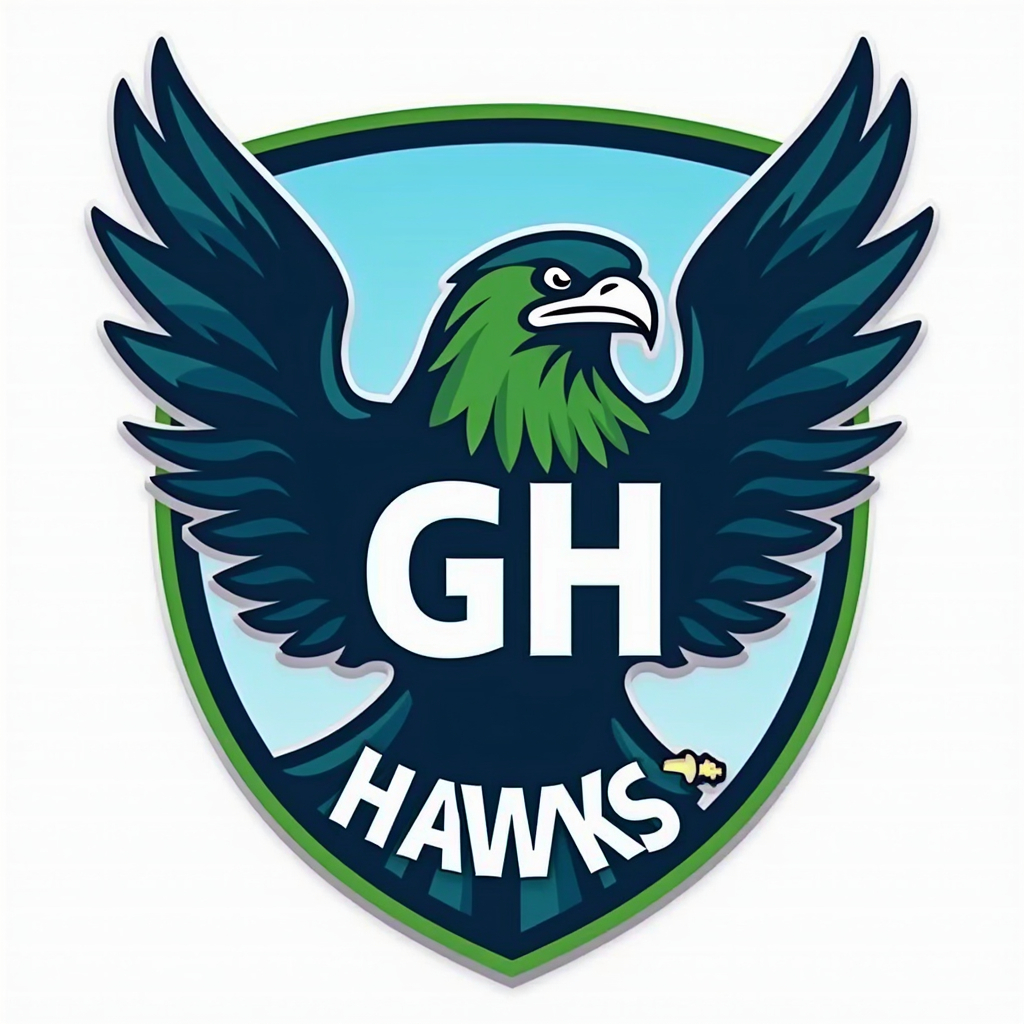 Blue and green hawk inside a crest with the words "G...