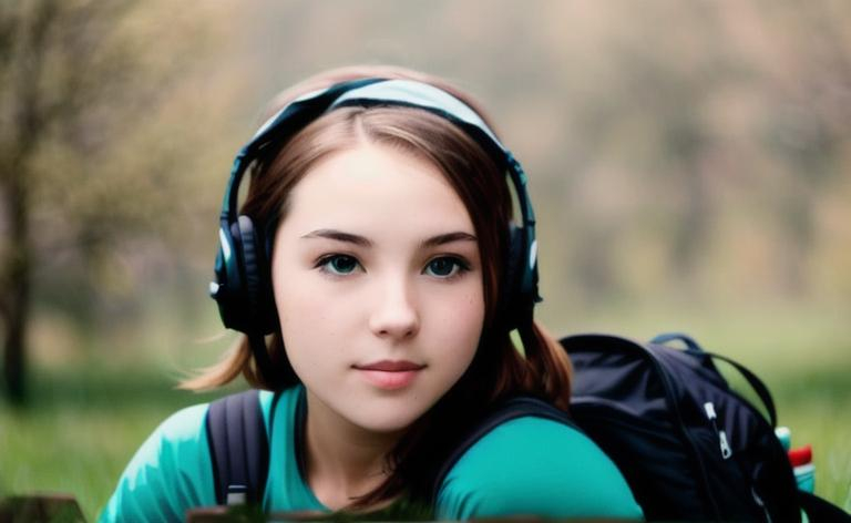 A white girl sitting on a bench in a peaceful meadow...