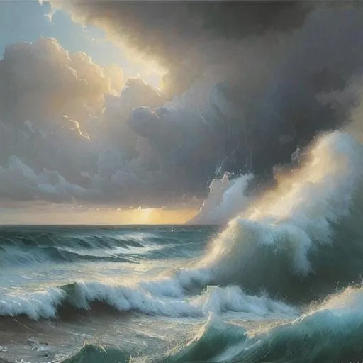 Oil painting, Dramatic ocean waves, stormy sky, matt...