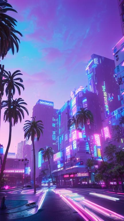 vaporwave city, neon lighting, beautiful sunset, pal...
