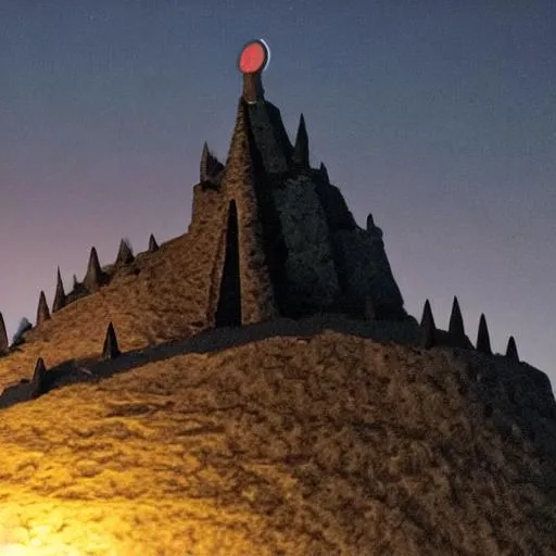 Obsidian castle on an infinite scoria plain at dusk