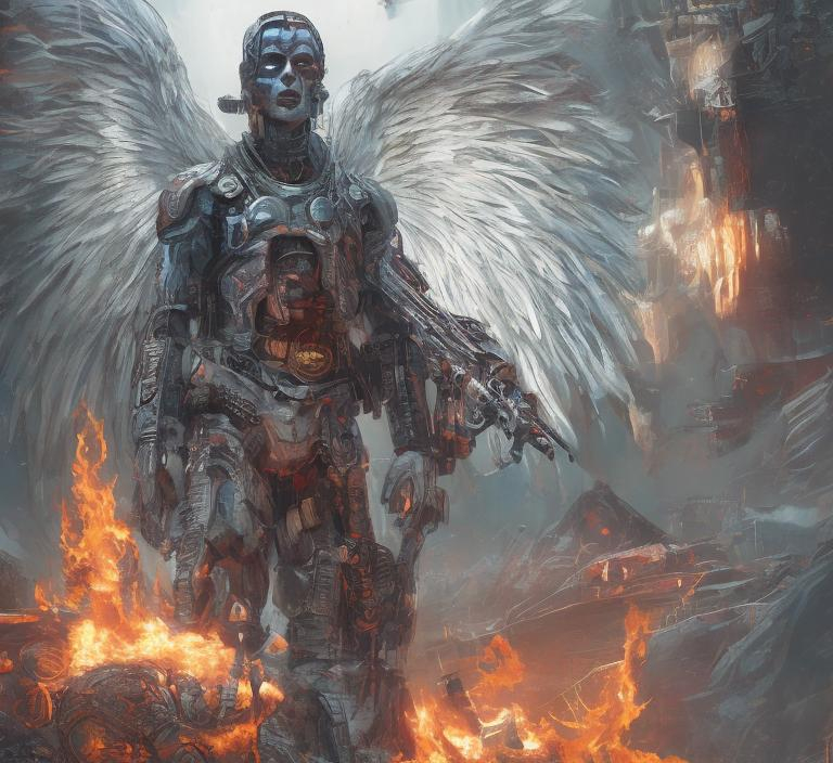 Cyberpunk angel in a wasteland of fire and ice