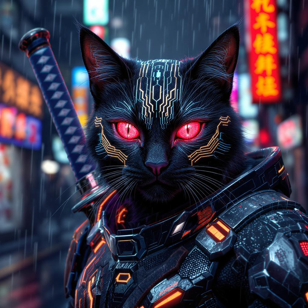 A close-up portrait of a cyberpunk cat with neon-lit...