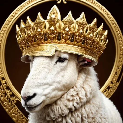 A sheep with a golden intricate crown and a big swor... | OpenArt