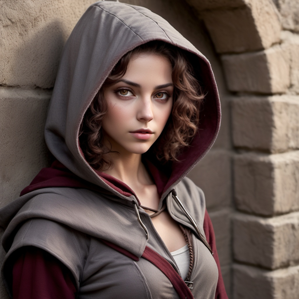 Human female rogue,Short curly brown hair, Large bro...