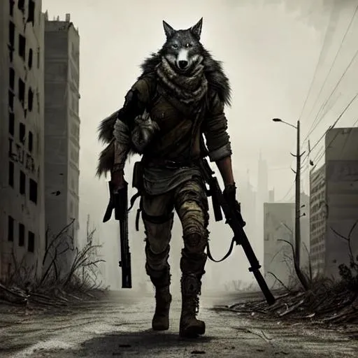 In a post apocalyptic world, a wolf, carrying his we...