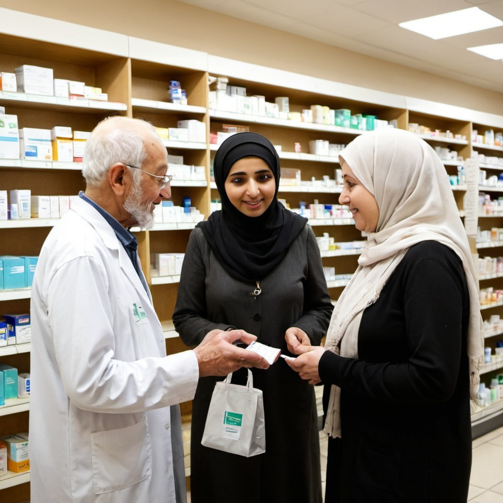 A Muslim woman talks to an elderly pharmacist in the...