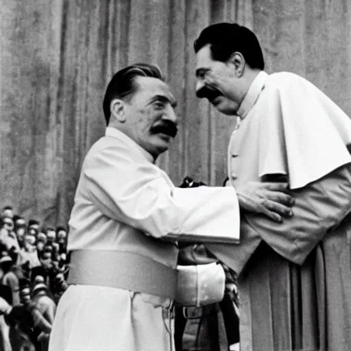 Stalin meets the Pope and kisses him on the hand. | OpenArt