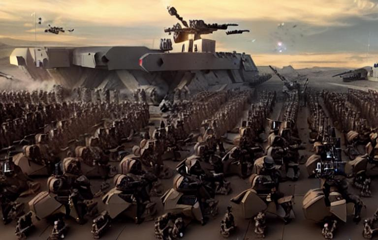 full-scale war teams lined up, {futuristic soldiers...