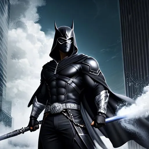 masked man wearing long green coat, superhero costum...