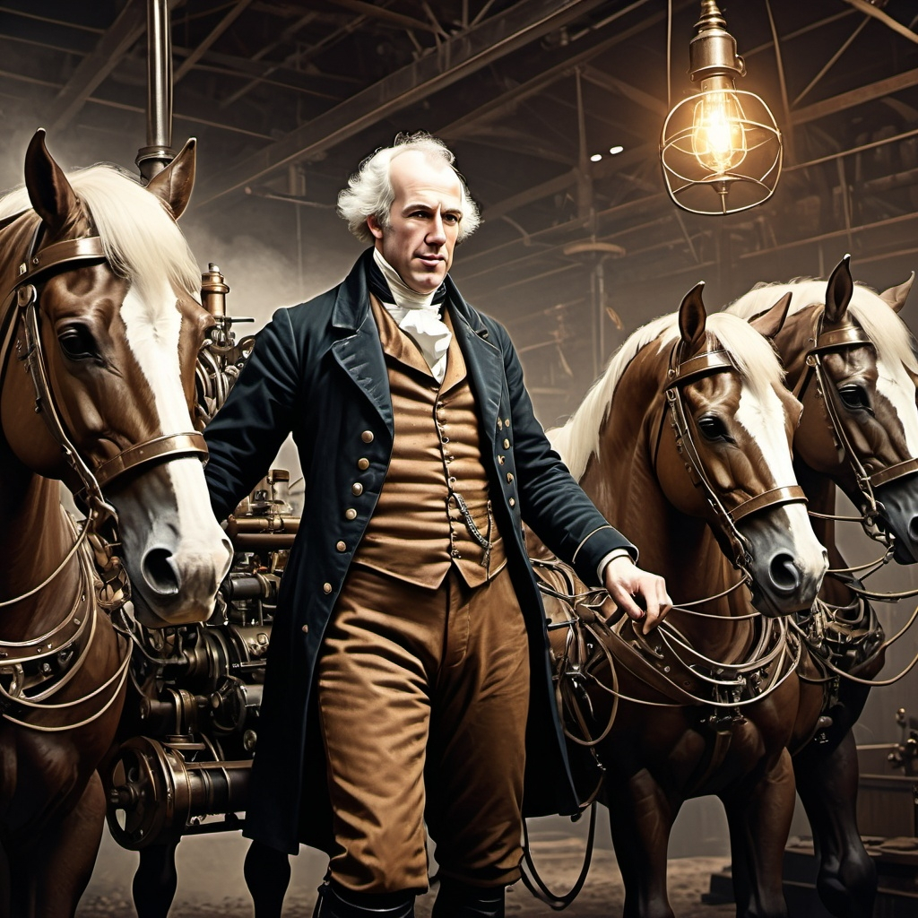 Detailed digital illustration of James Watt with pow...