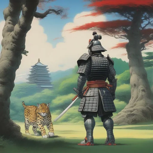 A genre painting of samurai in metal armor looking a...