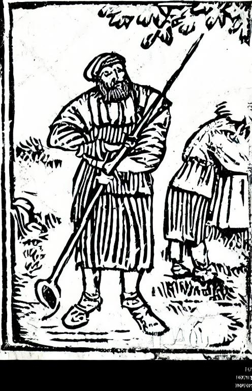 Medieval woodcut of peasant chopping wood, face look... | OpenArt