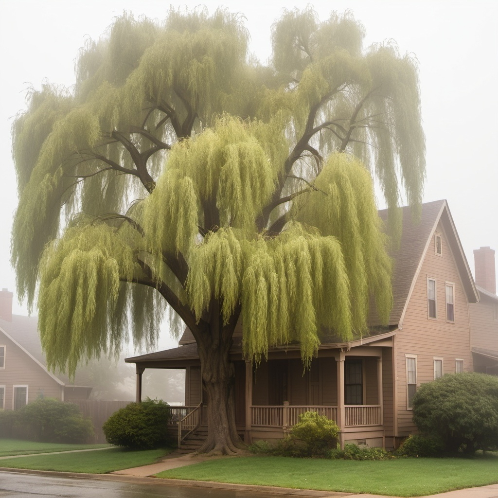 “Capture a serene willow tree next to a brown house...