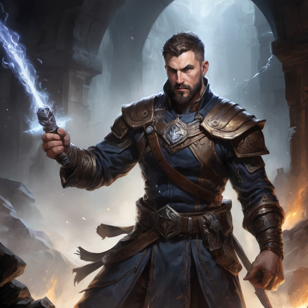 Male stocky large muscular battle-mage with short-cu...