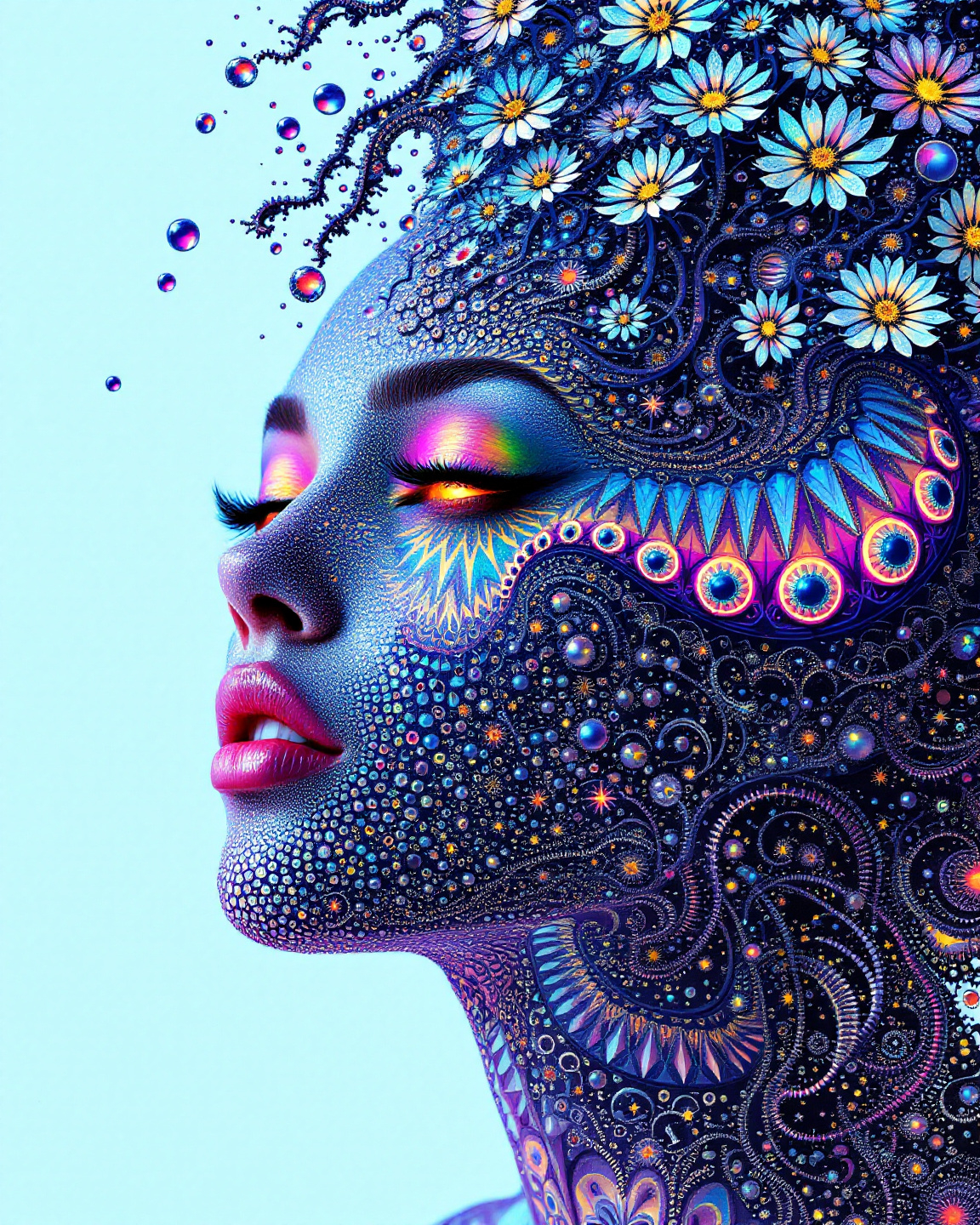 Depict a woman whose face is shaped like the sound o...