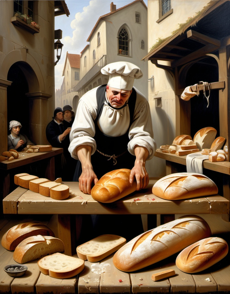 Gothic oil painting. Main subject is A baker stuck...