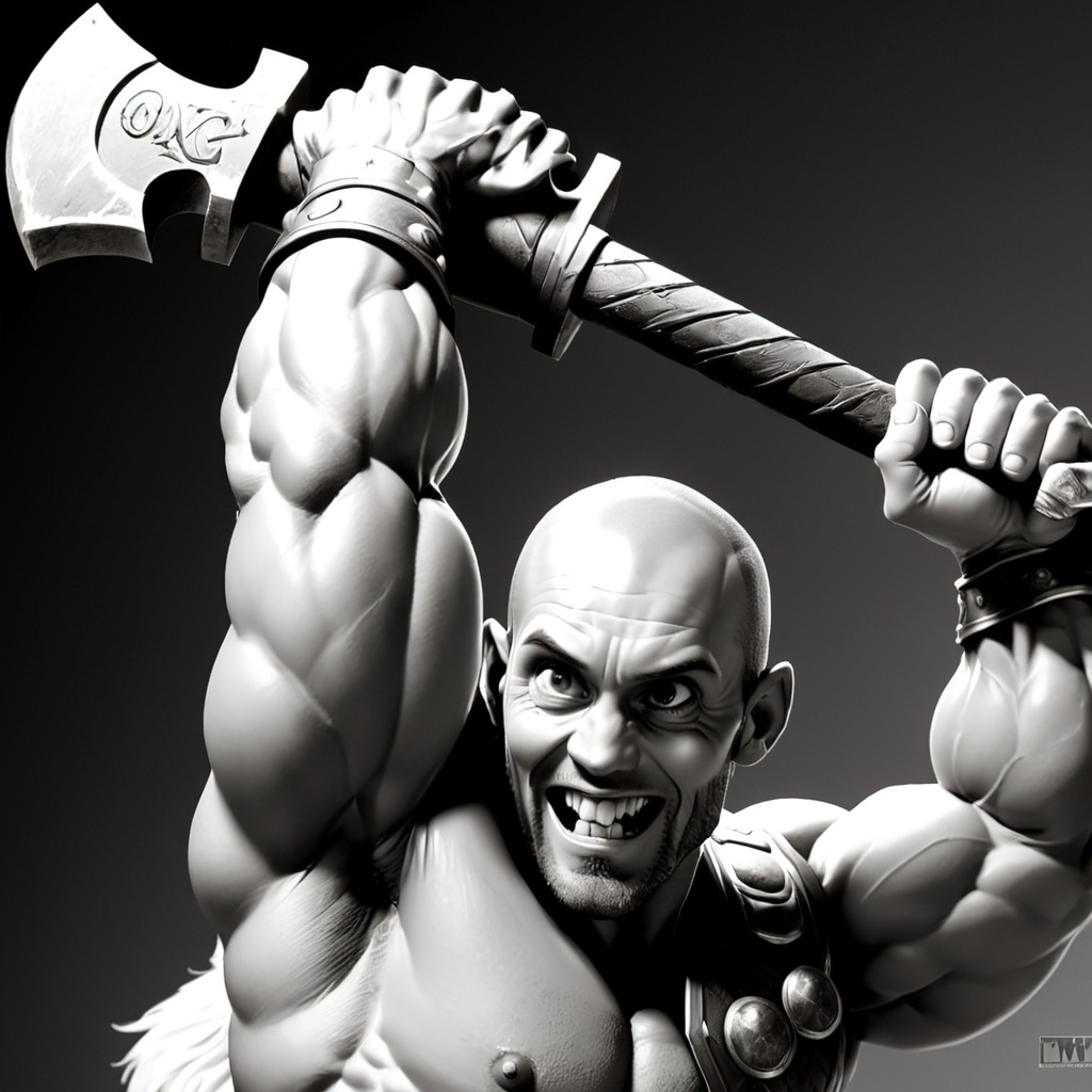 B&W frazetta art, a huge muscular thor holding an ax...