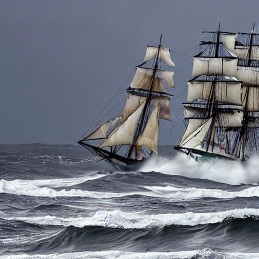 A tall sailing ship on rough seas torn sails and bro... | OpenArt