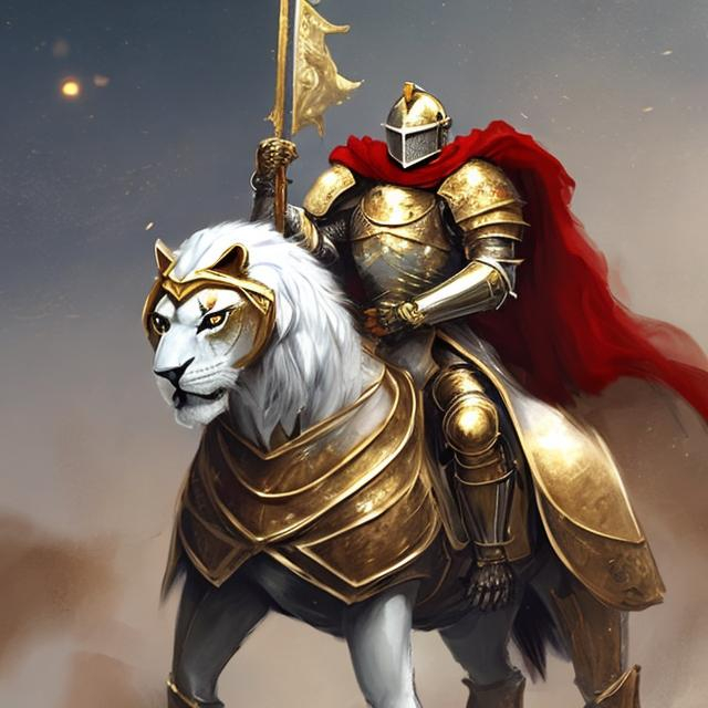Knight in White and red armour riding golden lion