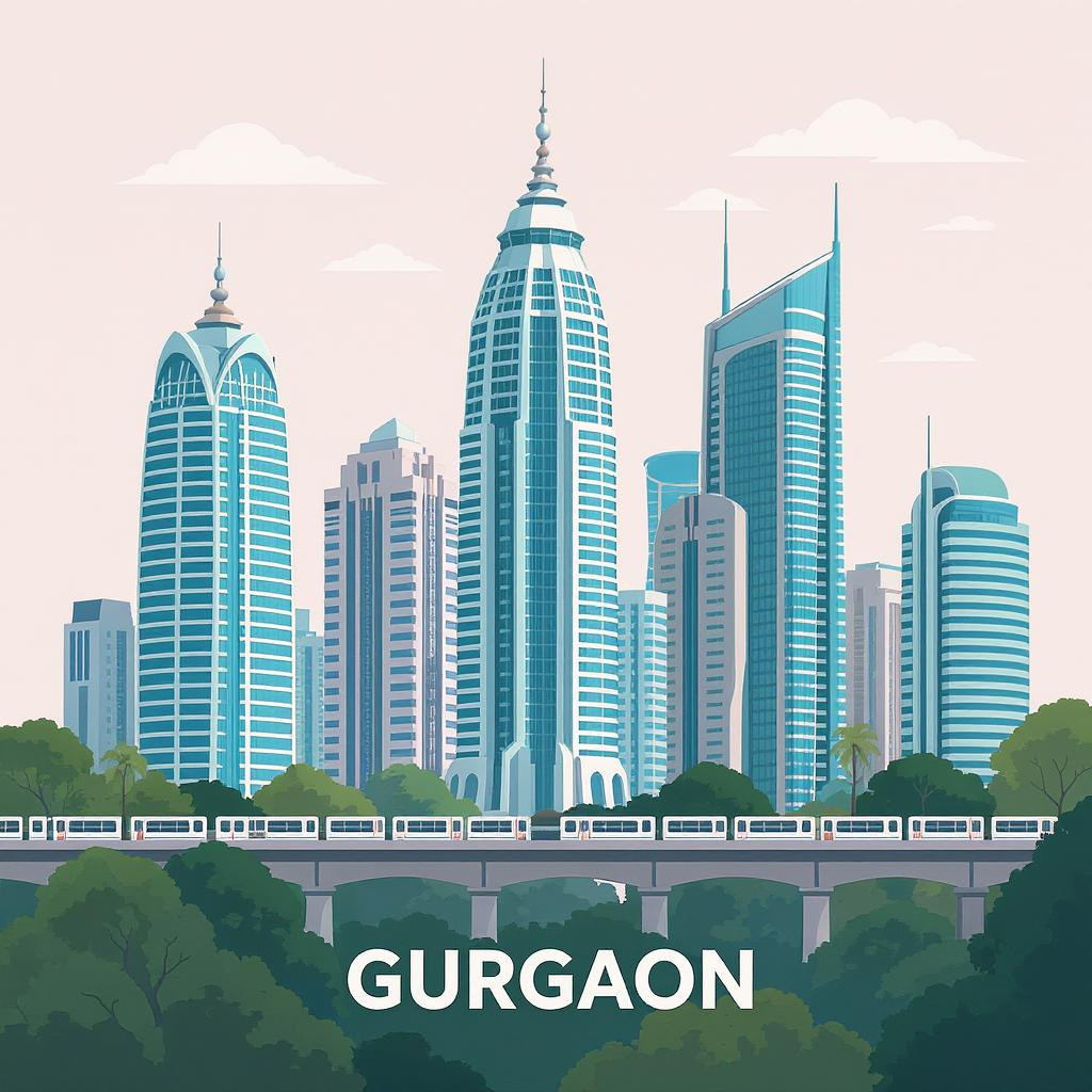 skyline of tall buildings and metro line in gurgaon...