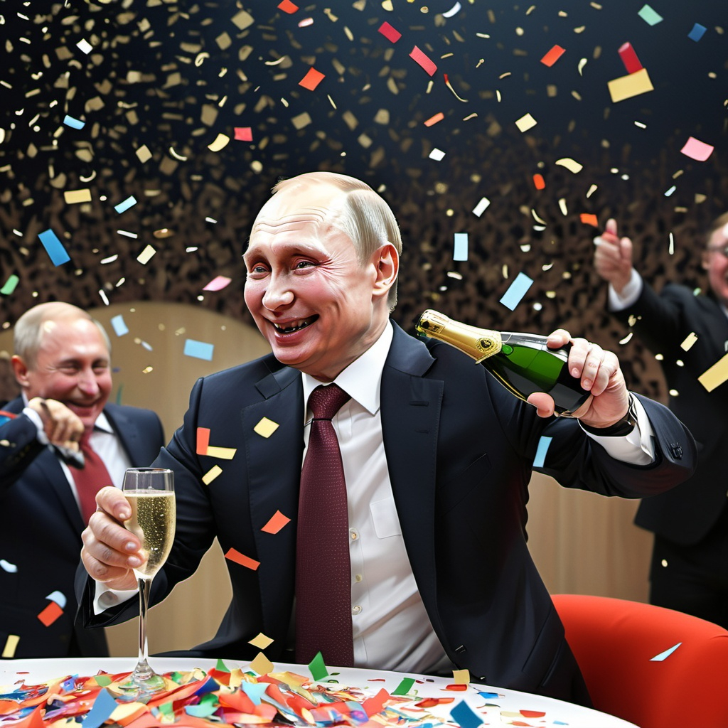 vladimir putin smiling, wearing a party hat, champag...