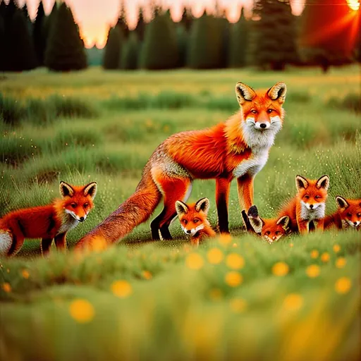 a vixen fox with her cubs by a tree next to a lake w... | OpenArt
