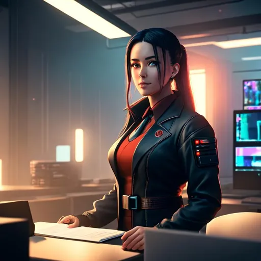 portrait of cyberpunk office worker, behind desk, me...