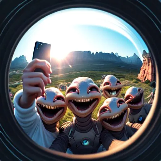 lots of aliens taking a selfie while smiling and hav...