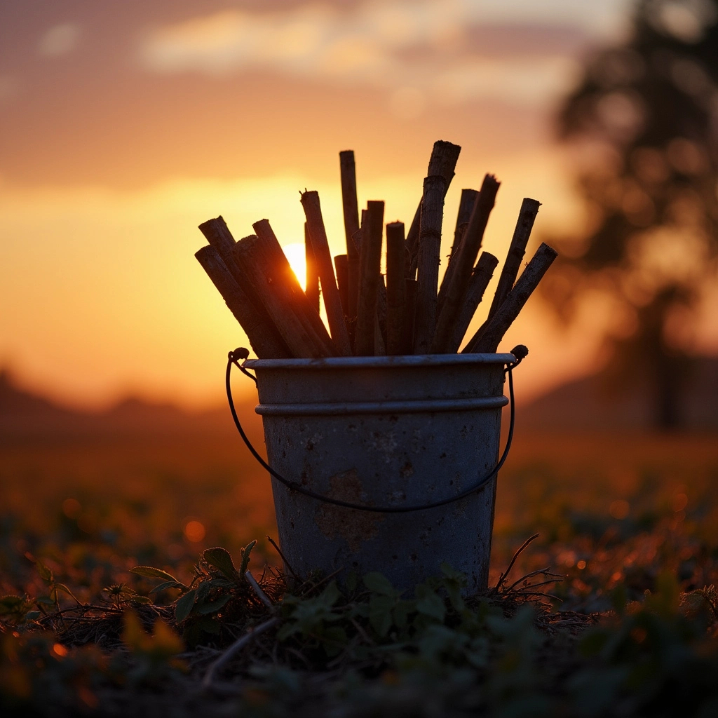 a bucket of sticks by a sunset
