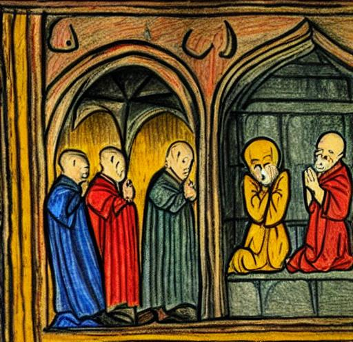 A drawing of medieval monks praying to an abbot | OpenArt