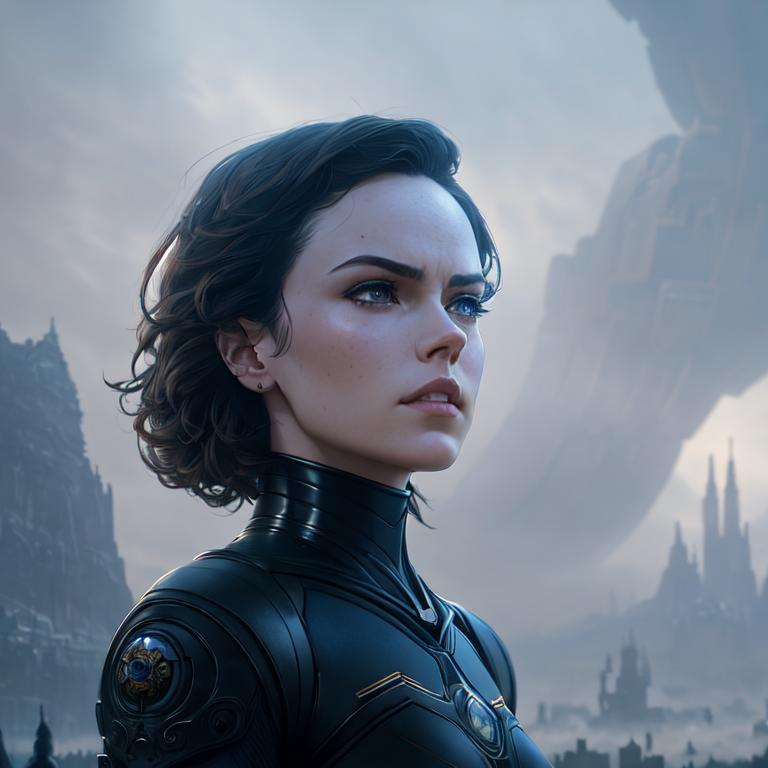 ((Daisy Ridley)) body facing away, scifi, futuristic...
