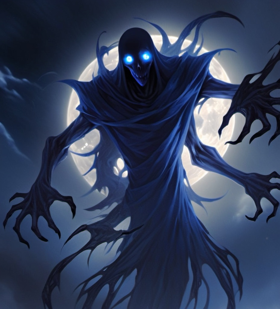 A Shadowy ghost with blue eyes in the dark night sky...