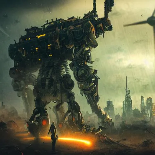 armored core mech flying through ruined city, mechs,... | OpenArt