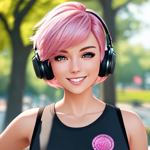 short pink haired tomboy, wears headphones, wears sh... | OpenArt