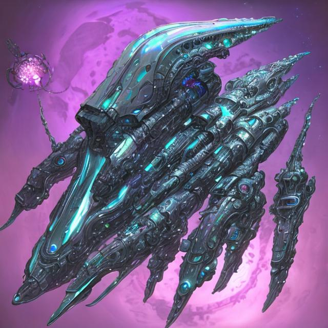Bio-Space ship of metallic flesh, crystal form, squi...