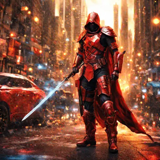 ((Digital art, of a vigilante hero in red hi-tech bo...